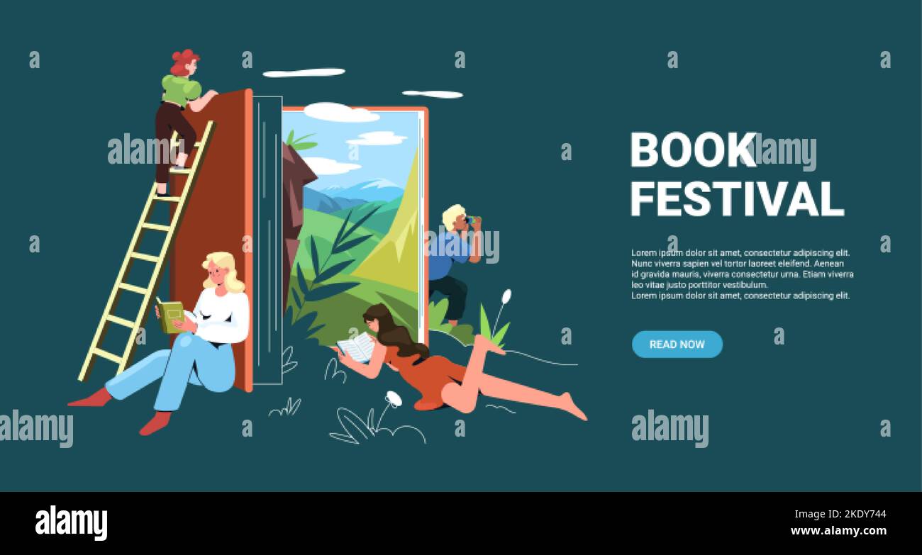 Book festival banner. Vector landing page of flat teenager characters ...