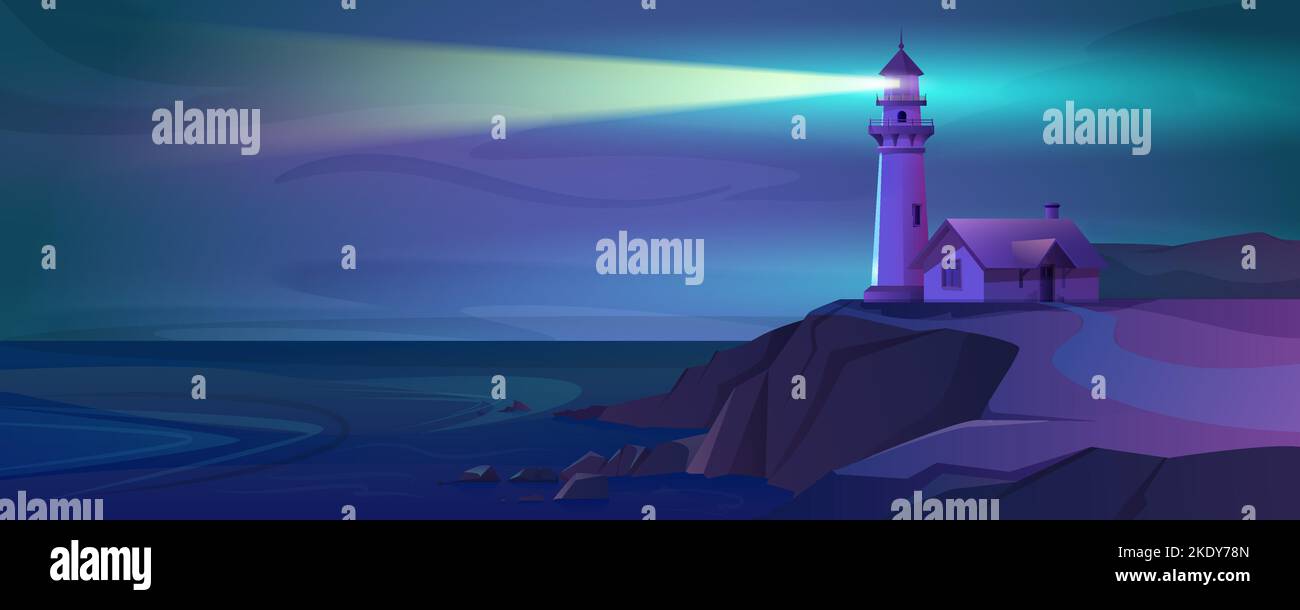 Cartoon working lighthouse with a beam of light at night. Marine ...