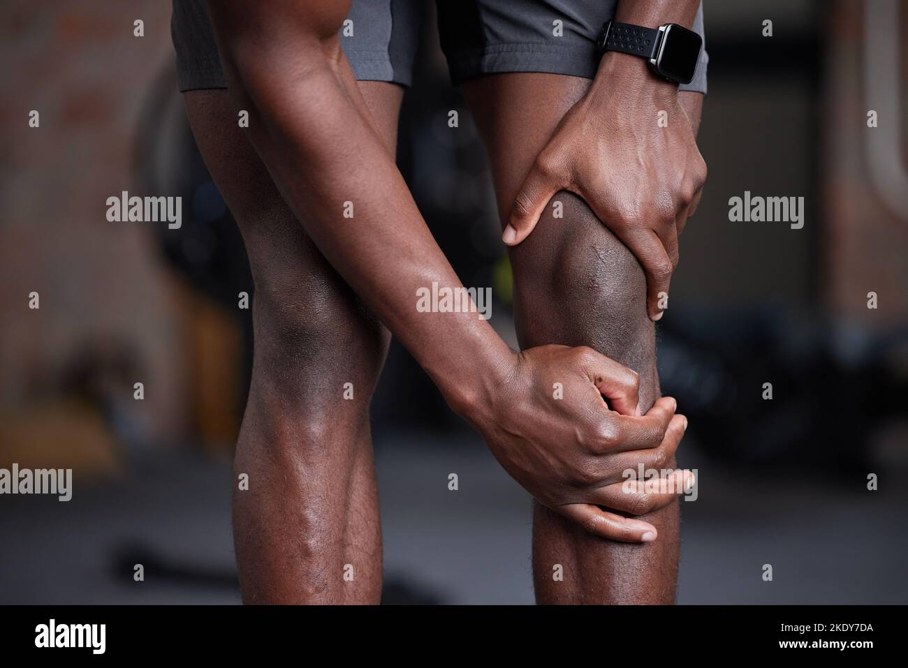 Leg injury, sport accident and black man with knee pain after exercise ...