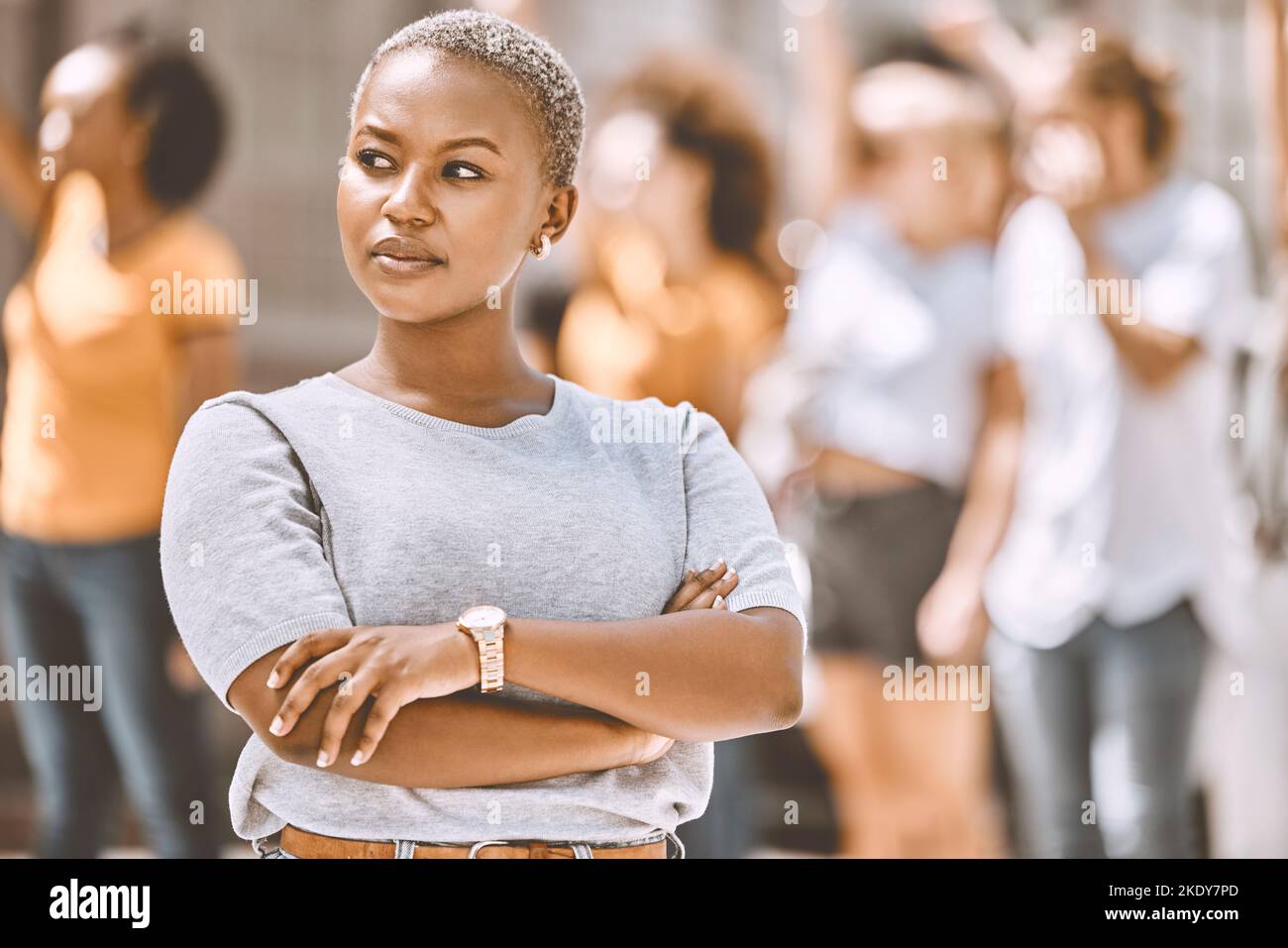 Protest, crowd and black woman with focus, vision and power for human ...
