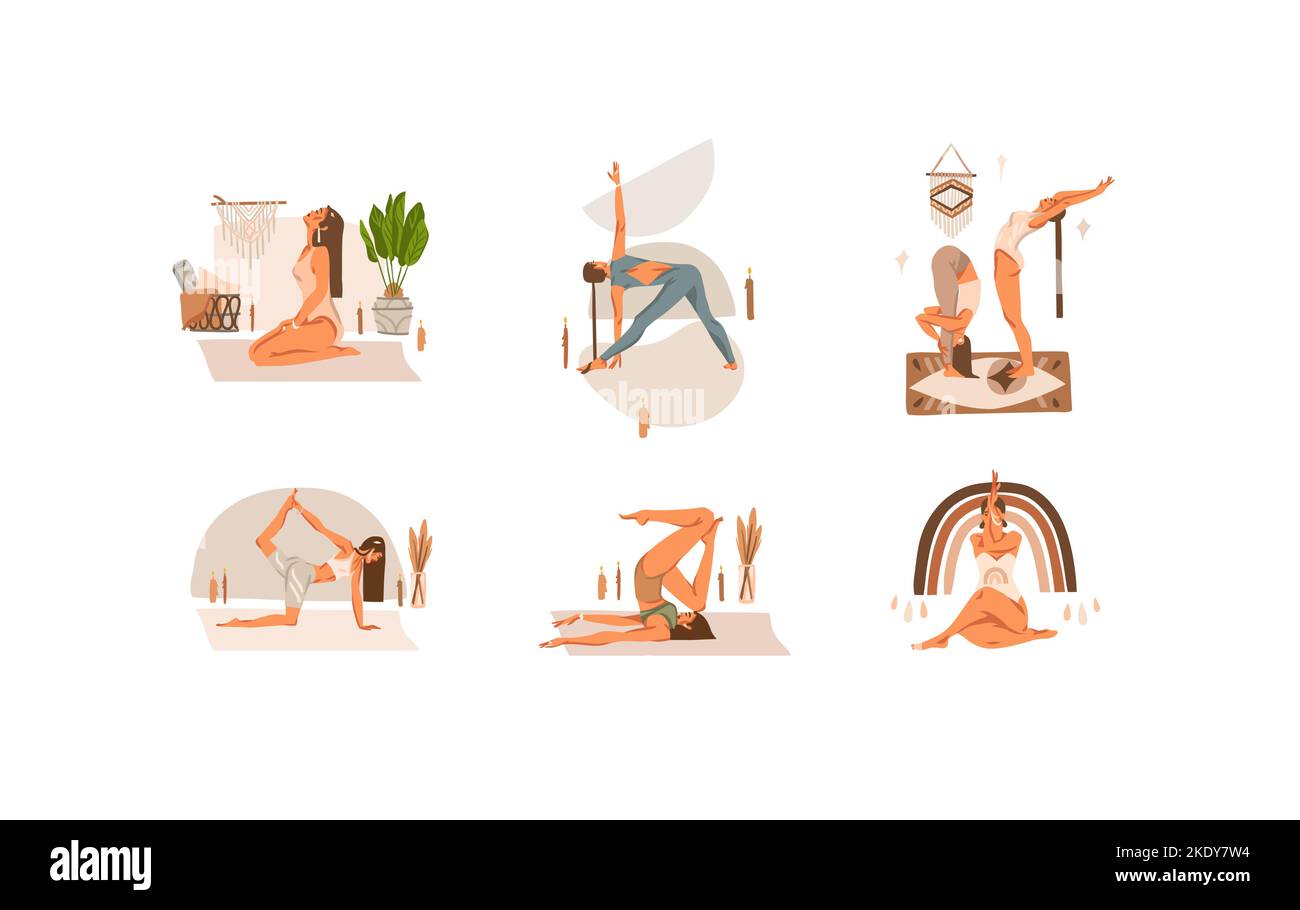 Hand drawn vector abstract graphic set with meditating yoga woman asana ...
