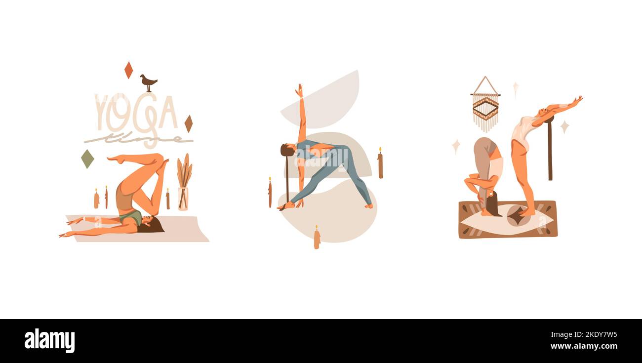 Hand drawn vector abstract graphic set with meditating yoga woman asana ...