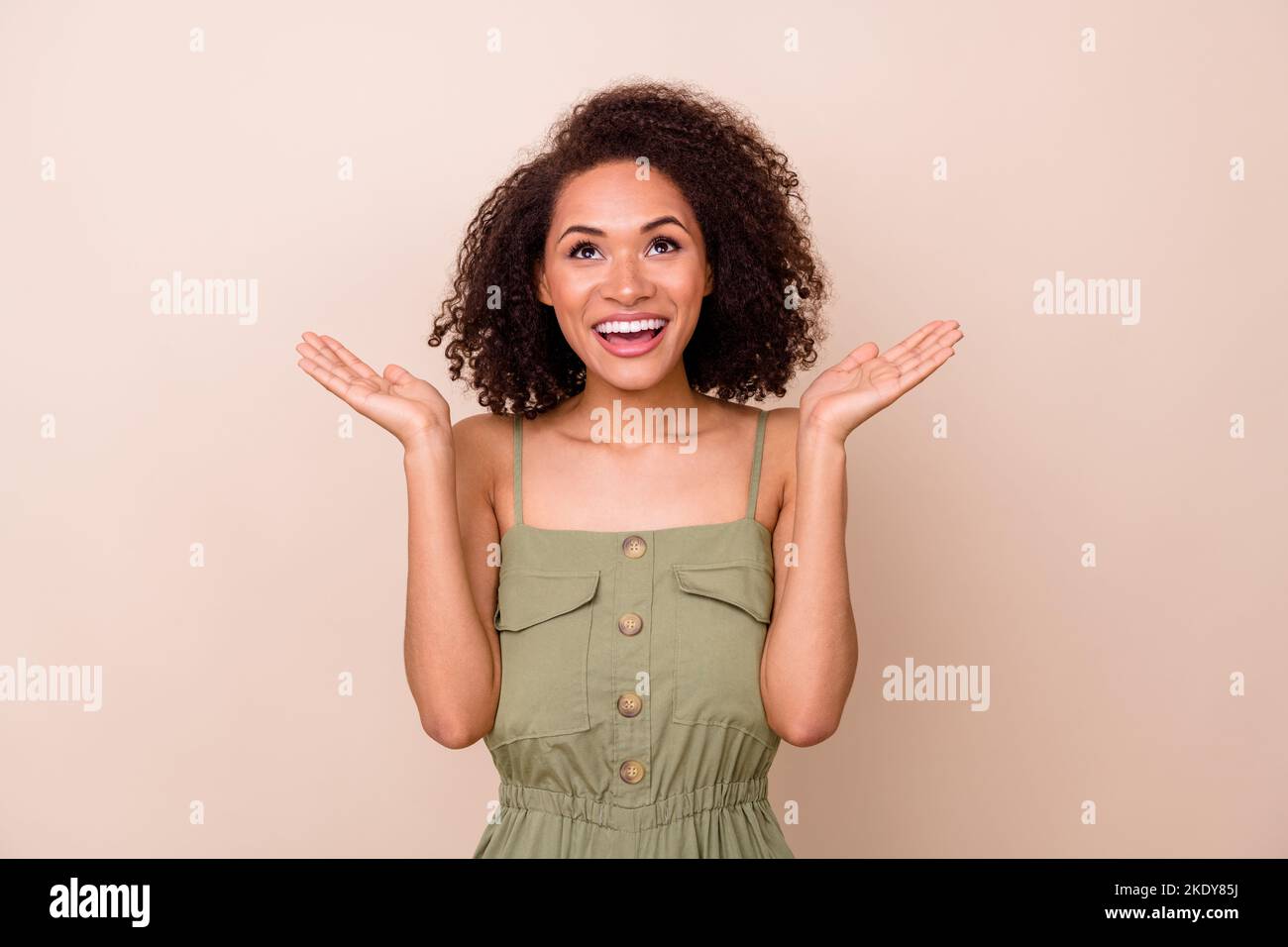 Photo of satisfied overjoyed lady surprised yes hooray open arm palm ...