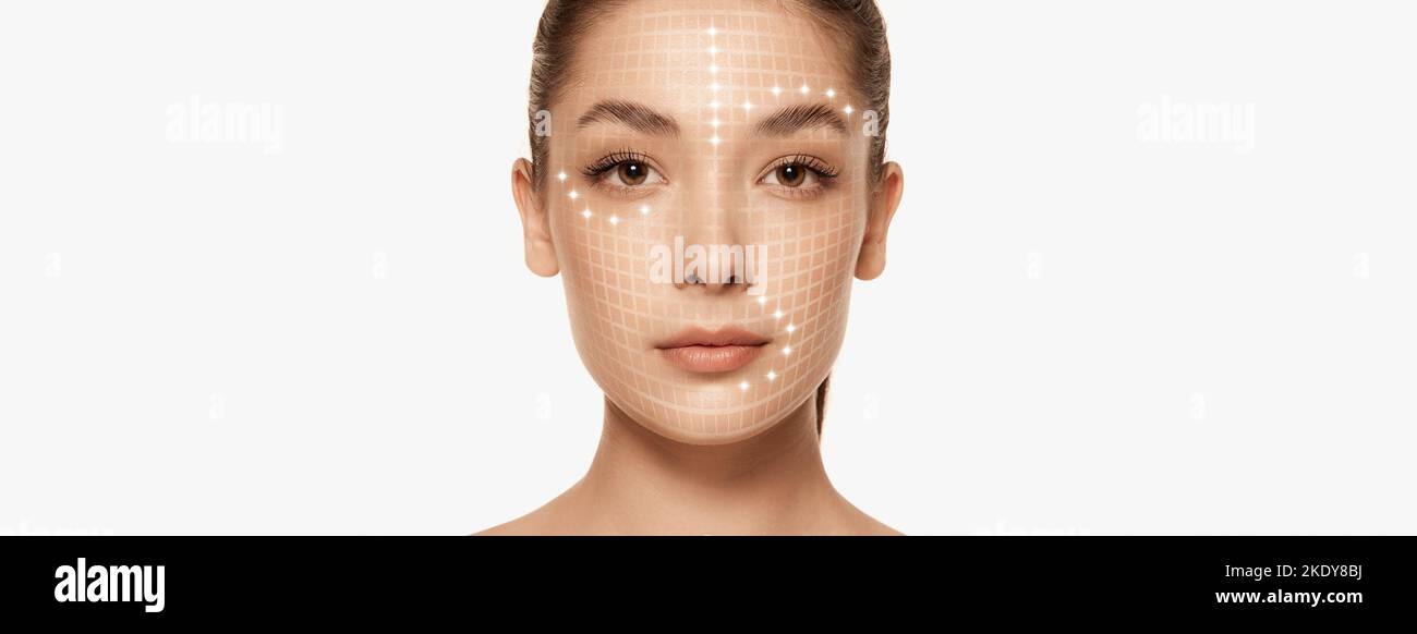 Close-up portrait of young beautiful woman with lifting lines, contour ...