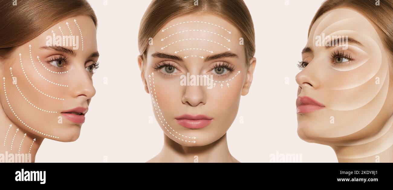 Collage. Close-up portraits of young beautiful woman with arrows on ...