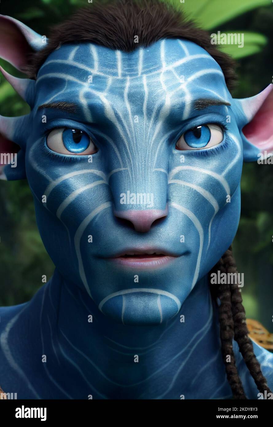 A 3D-rendered portrait of a blue alien with white stripes and three ...