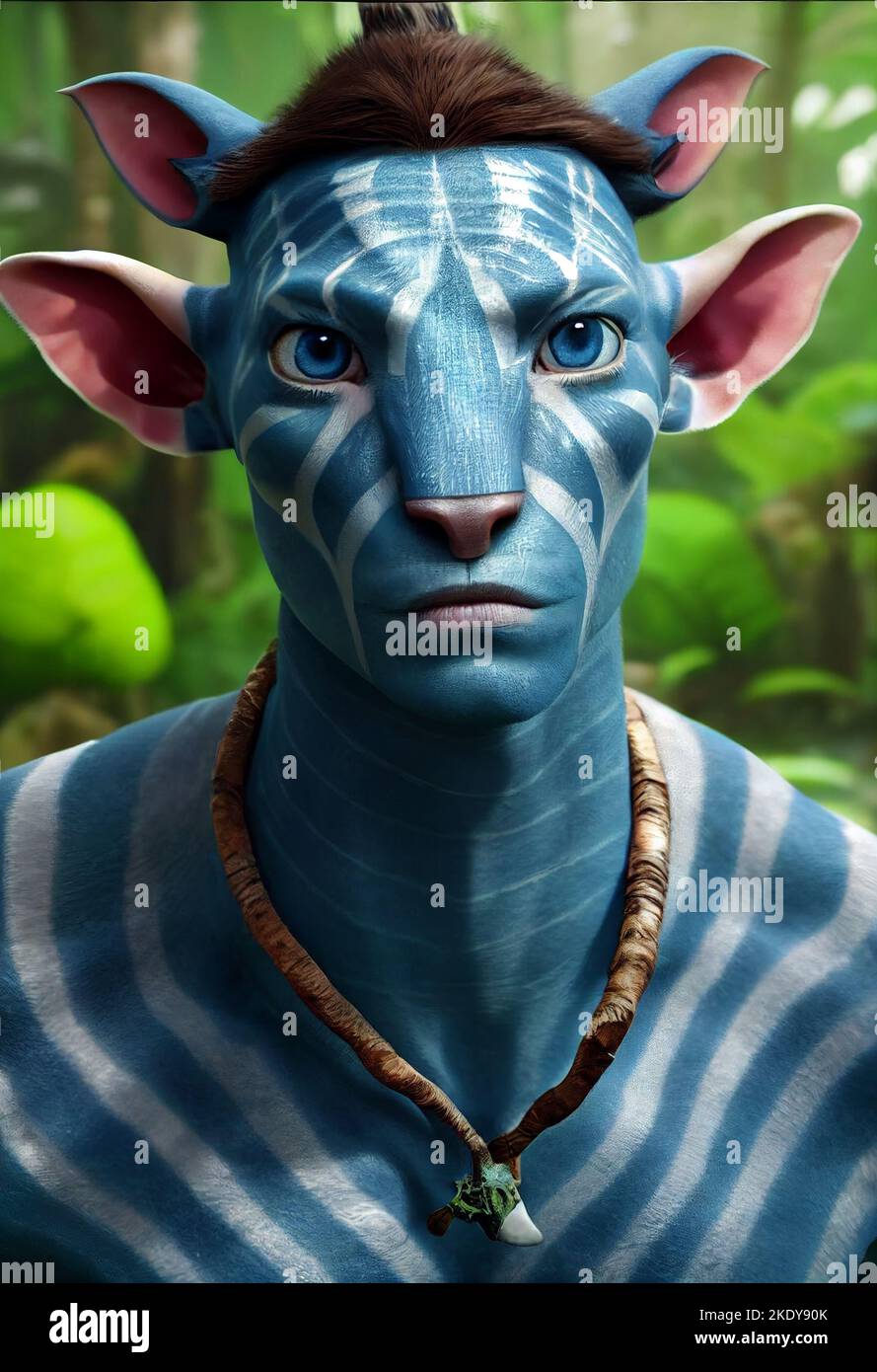 A 3D-rendered portrait of a blue alien with white stripes and four ears ...