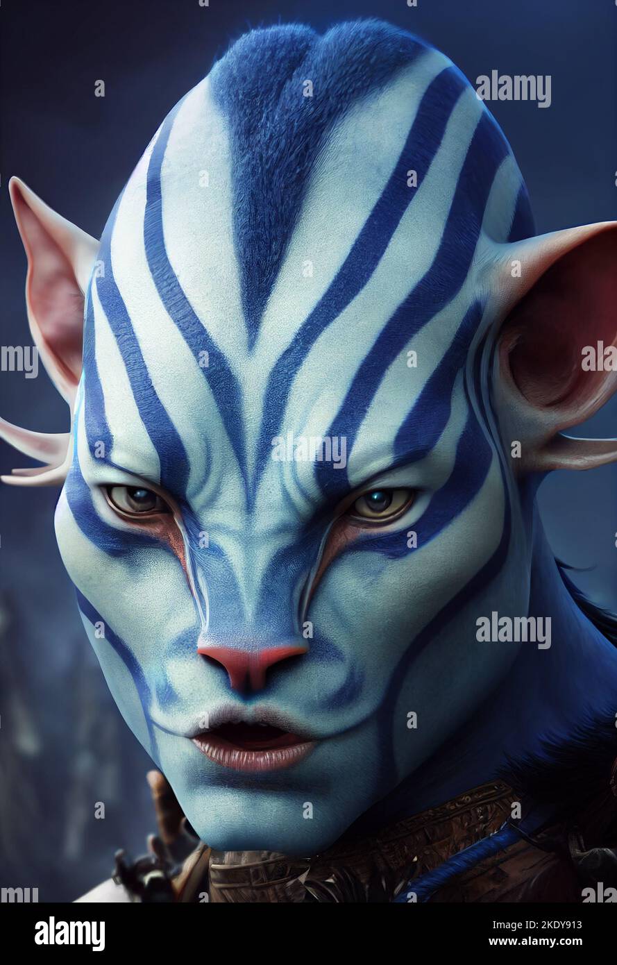 A 3D-rendered portrait of a blue alien with white stripes and without ...