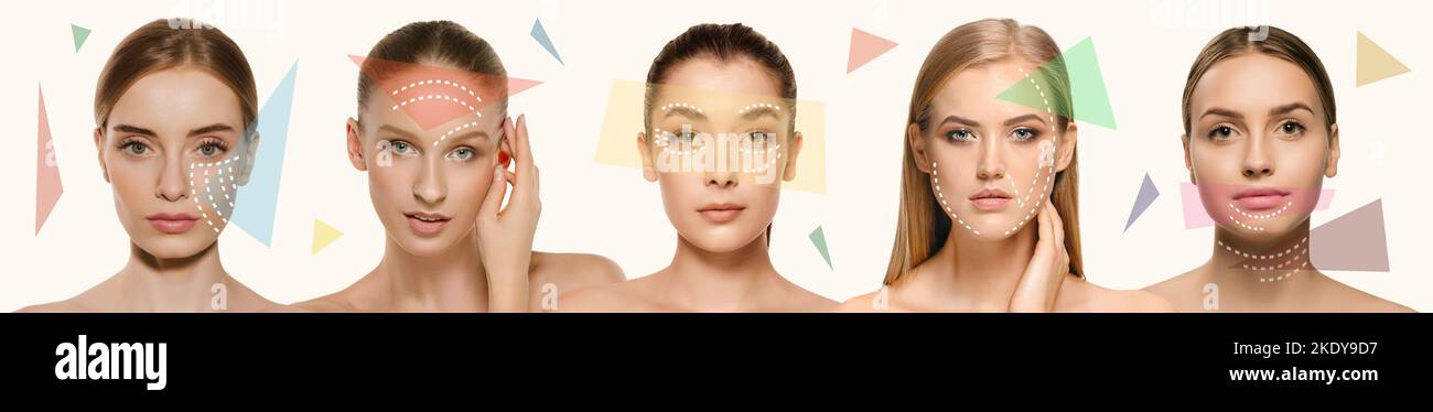 Collage. Beautiful different woman with arrows on face. Taking care ...