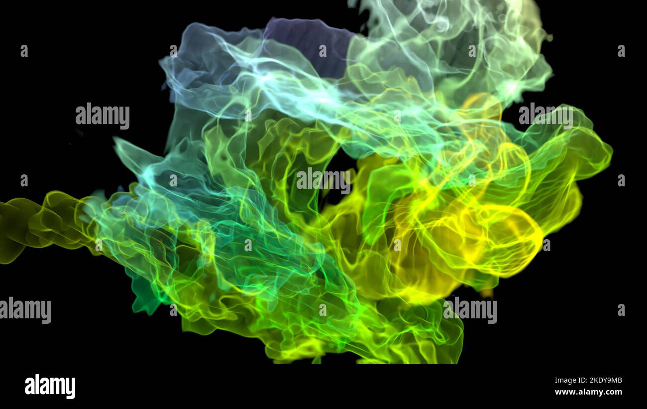 3D rendering of colorful, turbulent stream or wave of fire on black ...