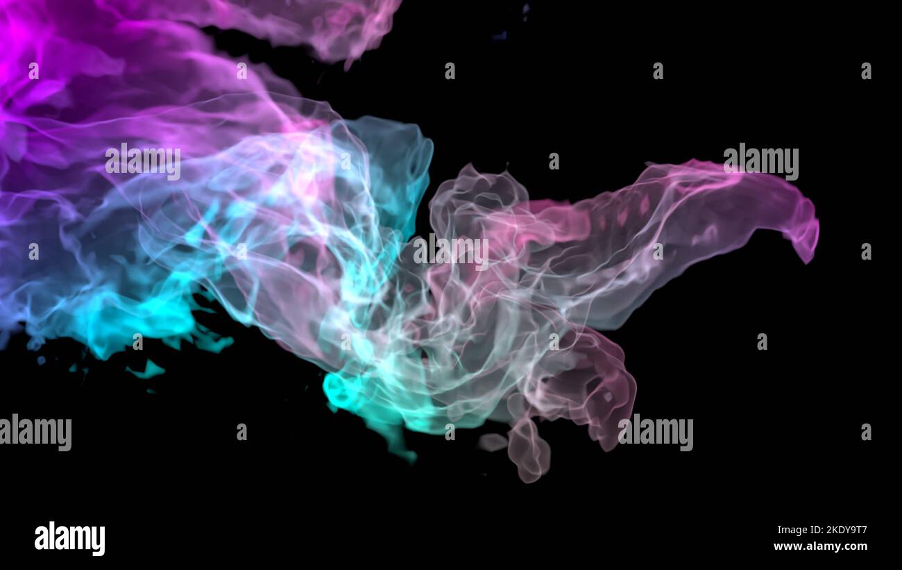 3D rendering of colorful, turbulent stream or wave of fire on black ...