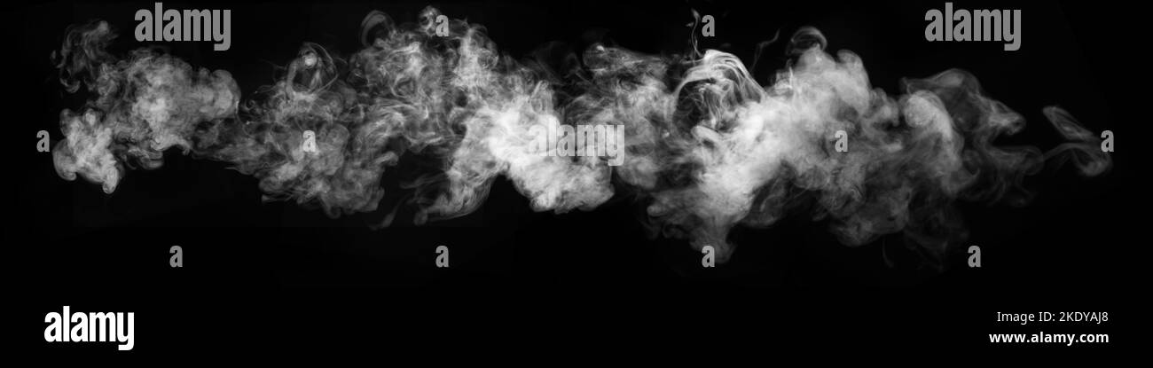 Panorama of steam, smoke, gas isolated on a black background. Swirling ...