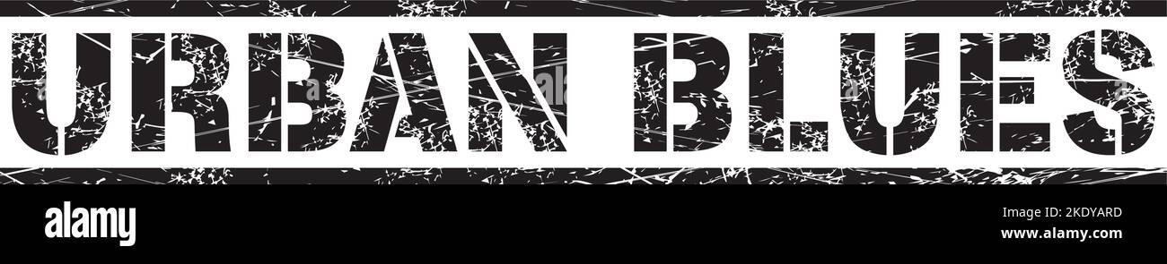 A rectangular Urban Blues logo with black scratched letters and borders ...