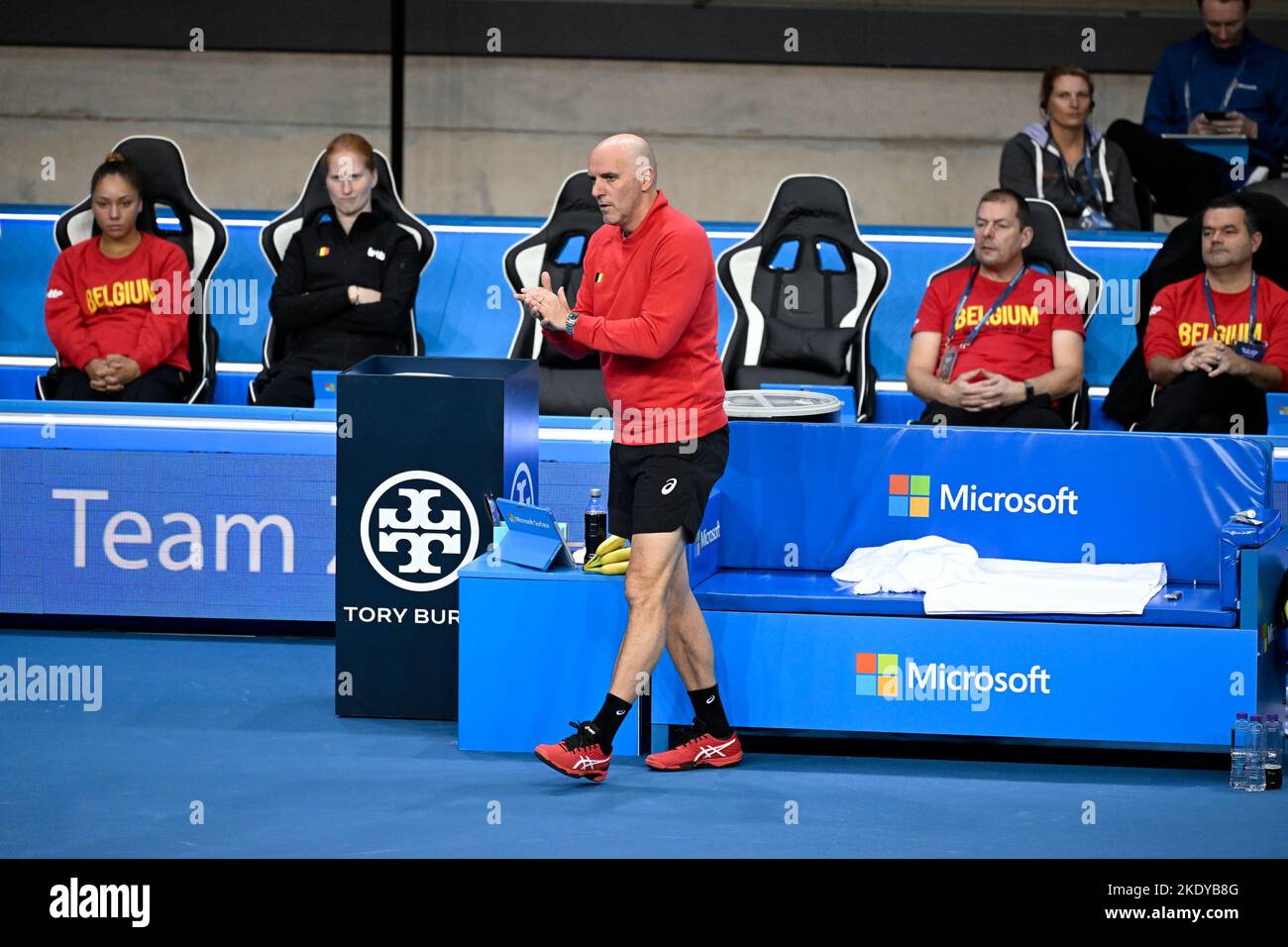 Belgian captain Johan Van Herck reacts during a tennis match between ...