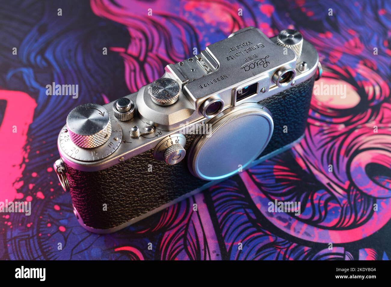 A closeup shot of a Leica classic camera on a black background Stock ...