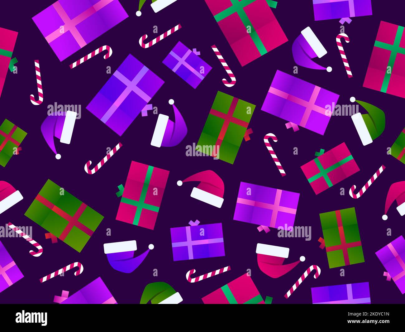 Christmas seamless pattern with gift boxes, Santa hats and lollipops ...