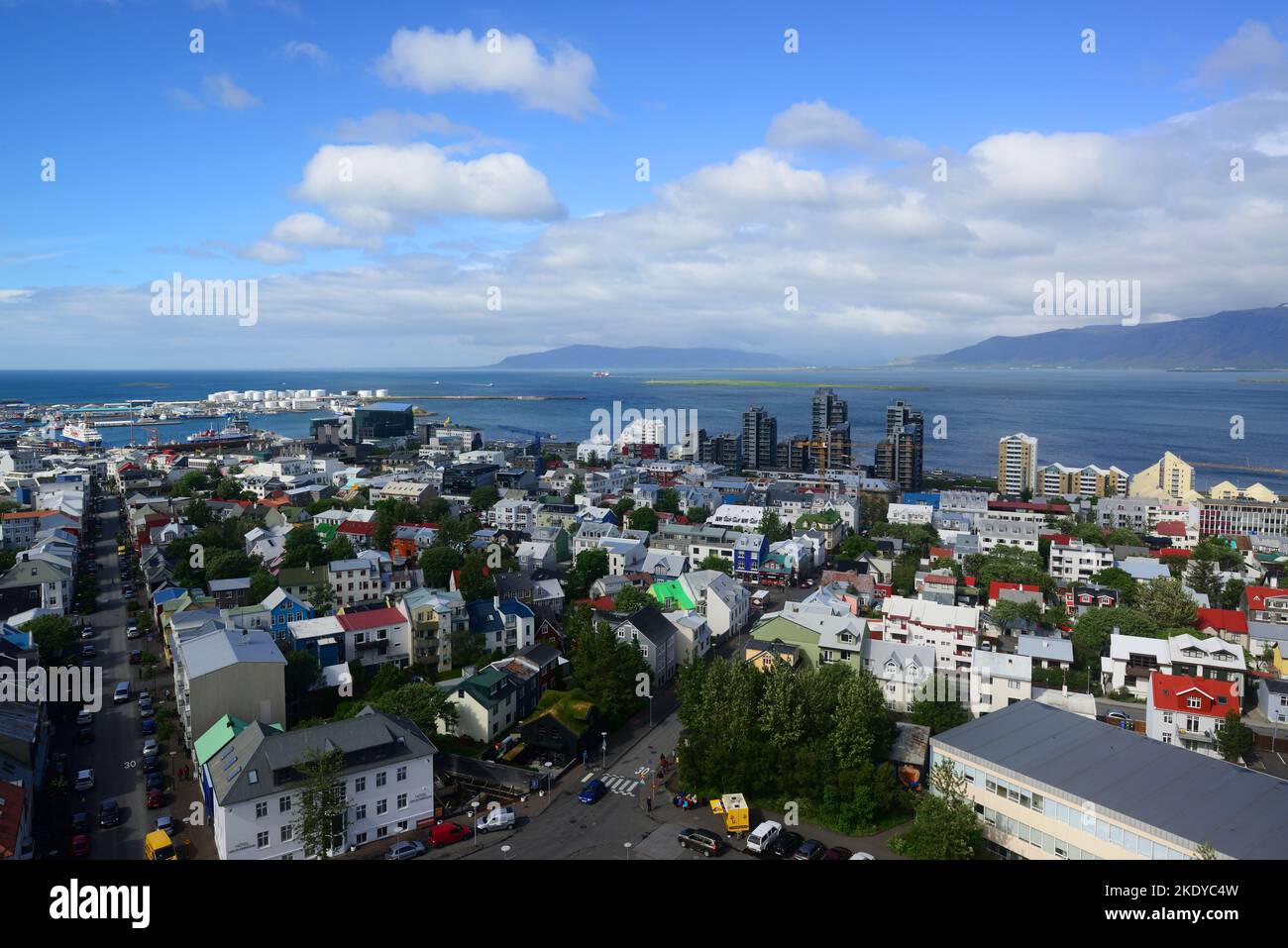 An aerial view of the skyline near water in Reykjavik, Iceland Stock ...