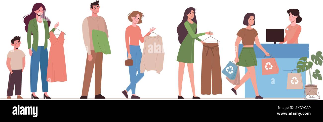 Vector illustration of several people standing in line at the checkout ...