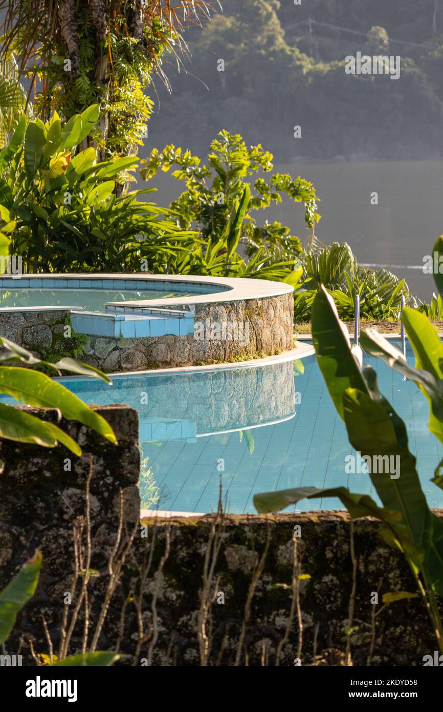 A vertical shot of a swimming pool with greenery around Stock Photo - Alamy