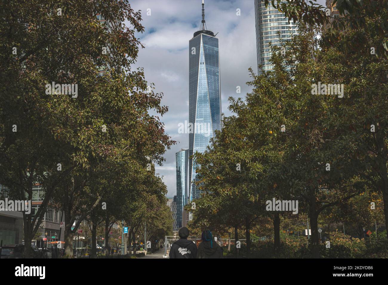 The world trade center building visible through fall trees in New York ...