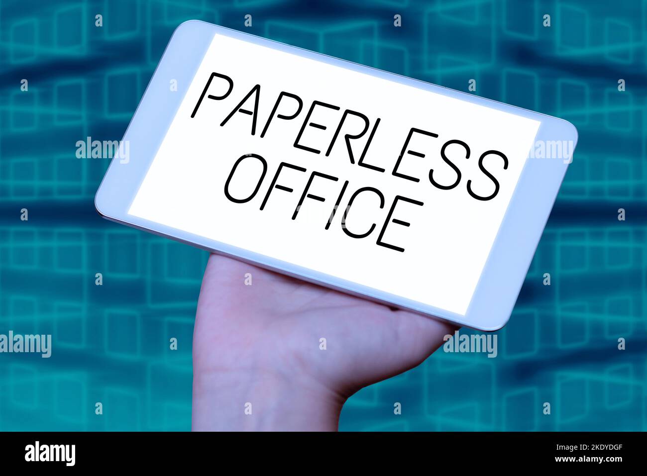 Conceptual caption Paperless Office, Word Written on work environment ...