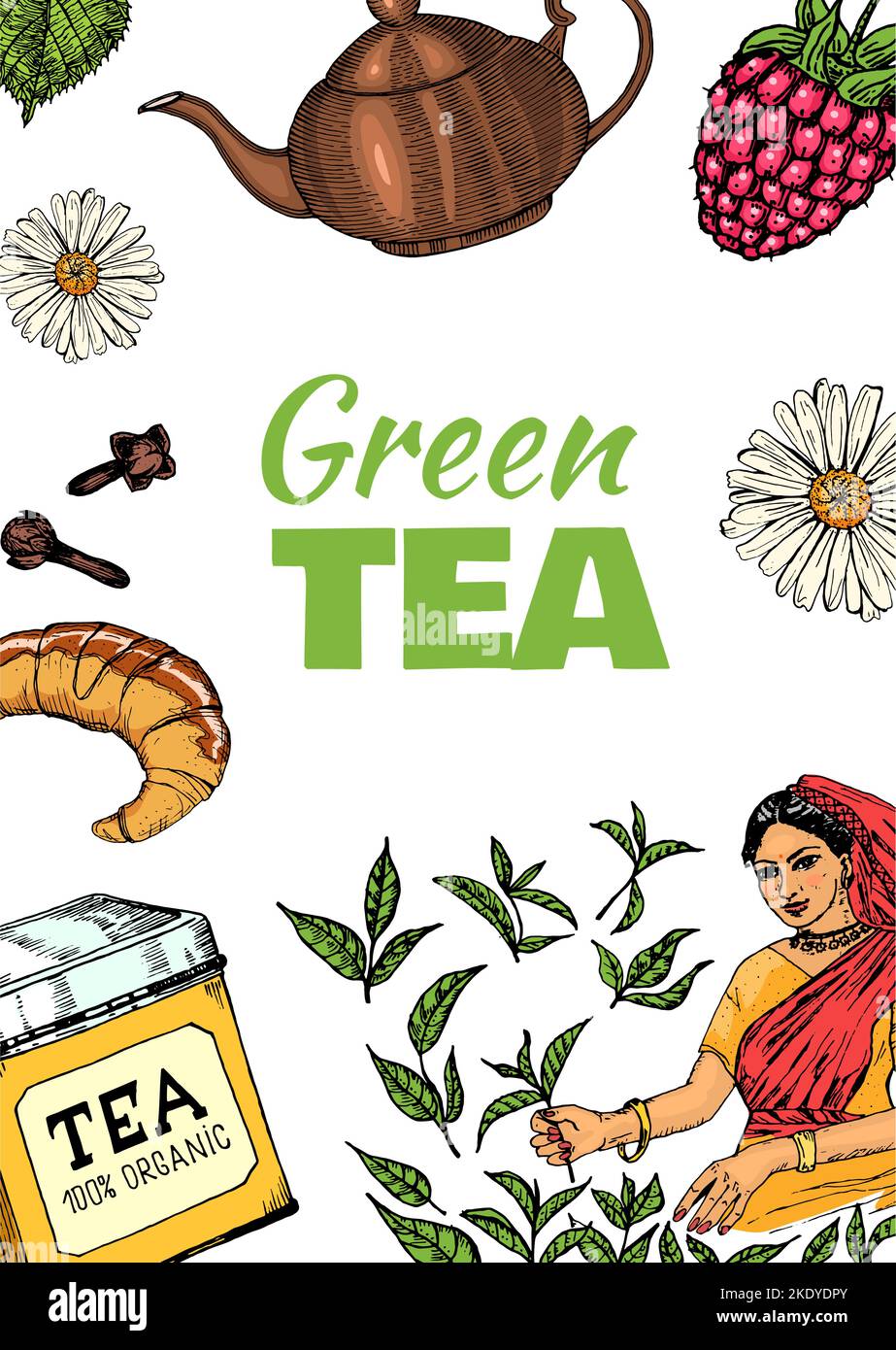 Herbal Tea bag card. Teapot, cup, sugar, plants, landscape, raspberries ...