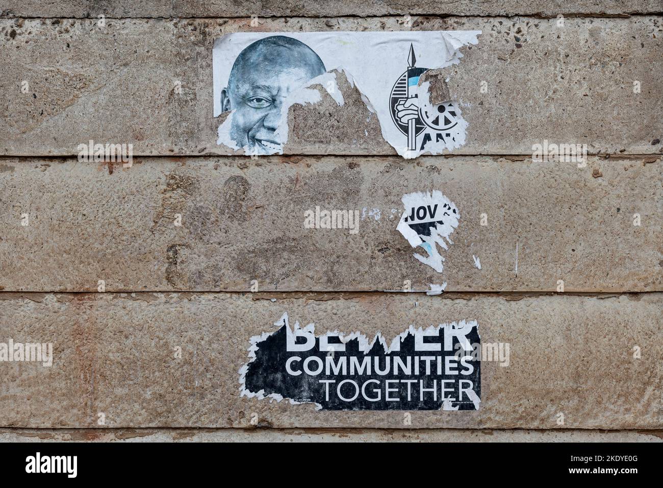Fading ANC election posters are seen on a wall in eMbo township in ...