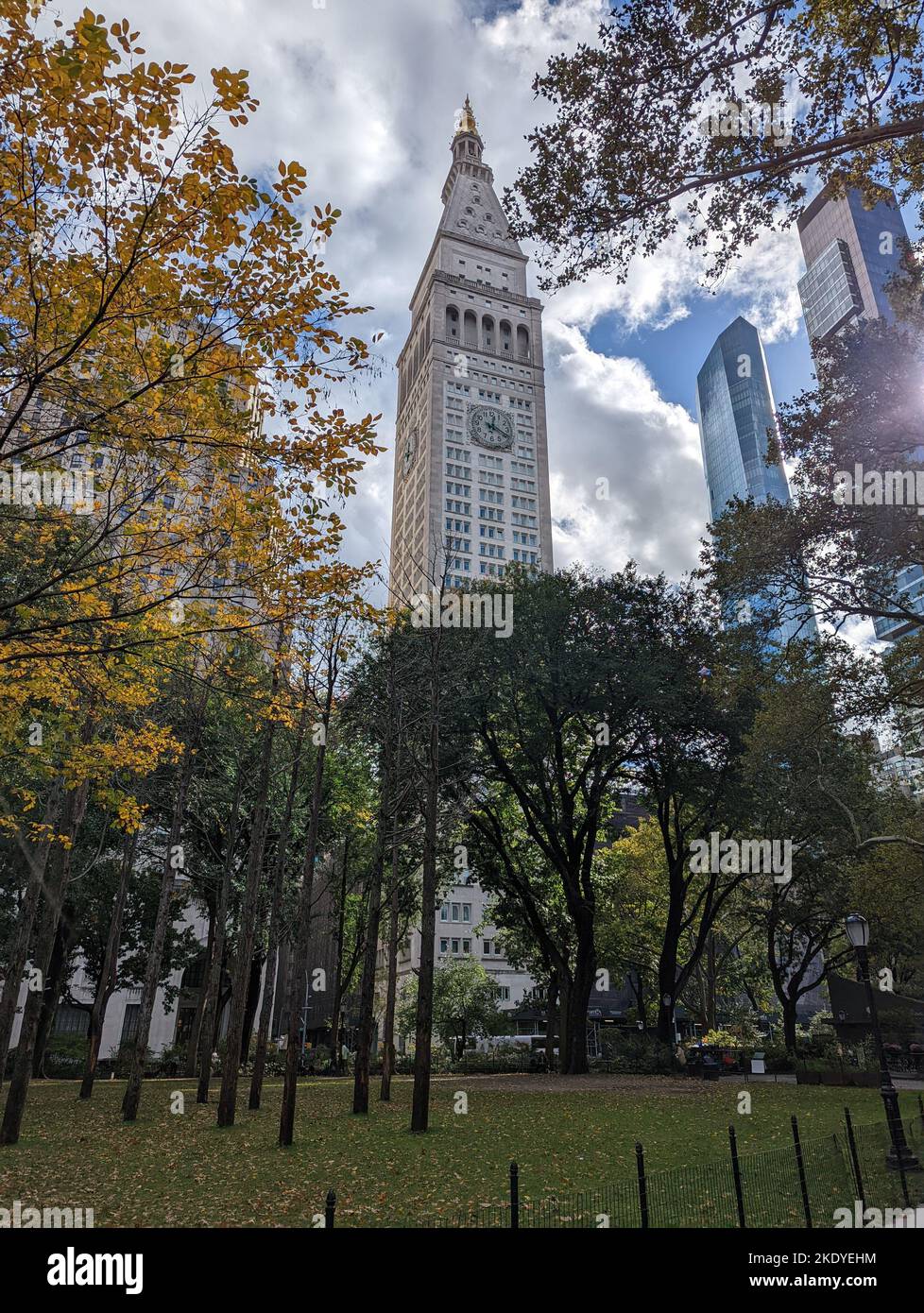 A vertical low-angle shot of the Met Life Tower at Madison Square Park ...