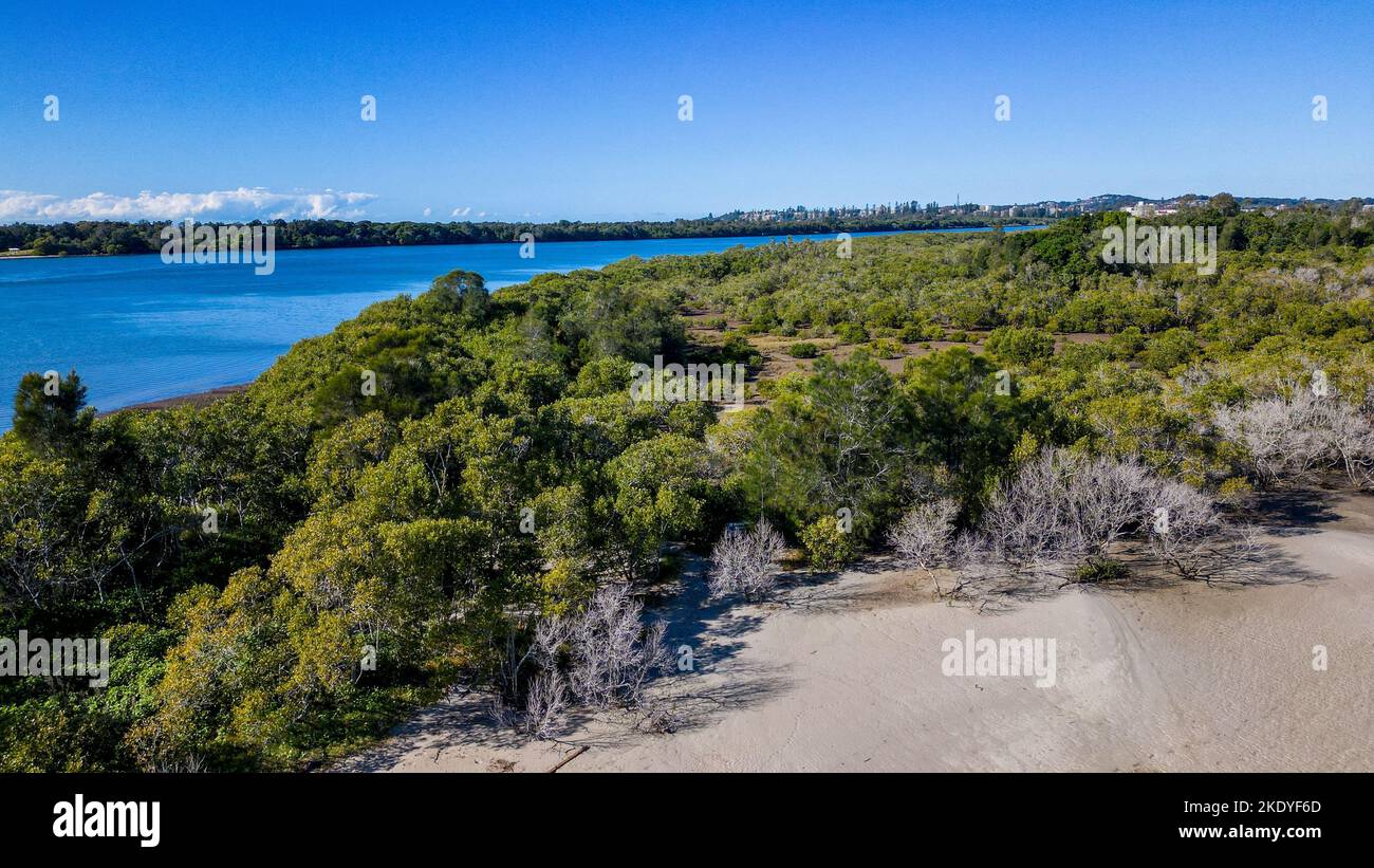 An aerial view of the seashore near Settlement Point, Port Macquarie ...