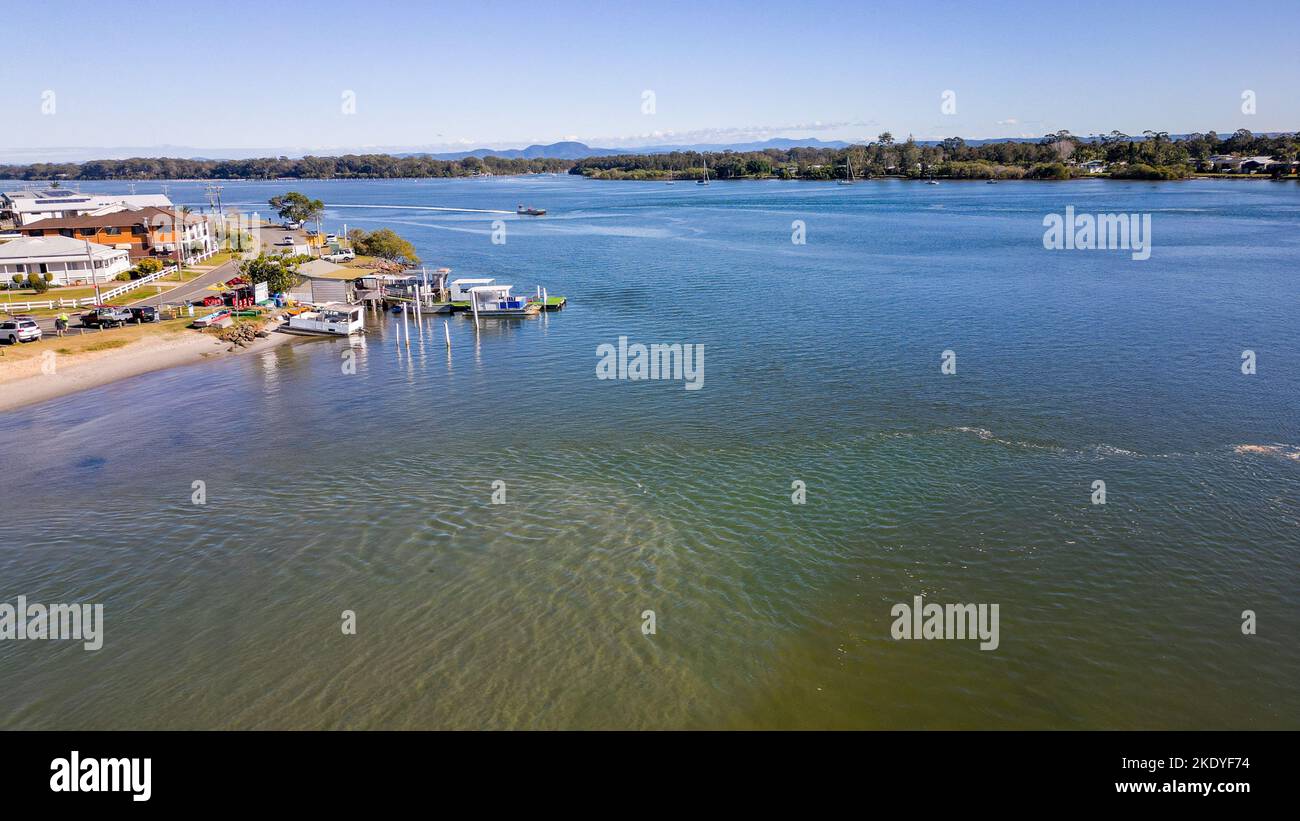 An aerial view of the seashore near Settlement Point, Port Macquarie ...
