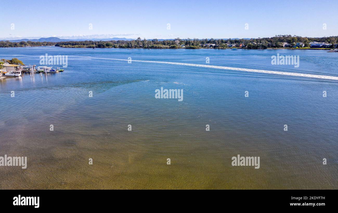 An aerial view of the seashore near Settlement Point, Port Macquarie ...