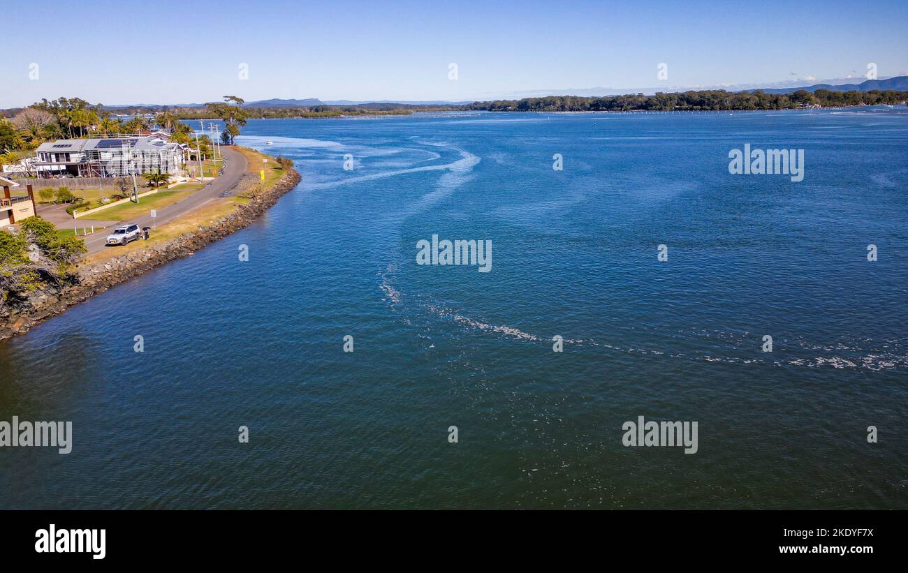 An aerial view of the seashore near Settlement Point, Port Macquarie ...