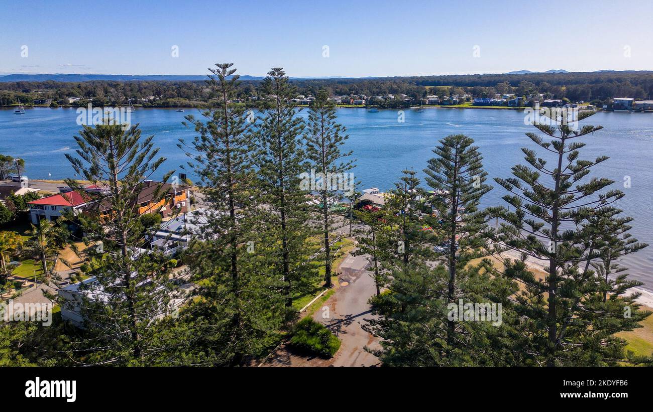 An aerial view of the seashore near Settlement Point, Port Macquarie ...