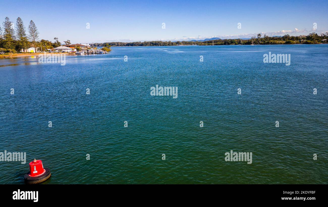 An aerial view of the seashore near Settlement Point, Port Macquarie ...