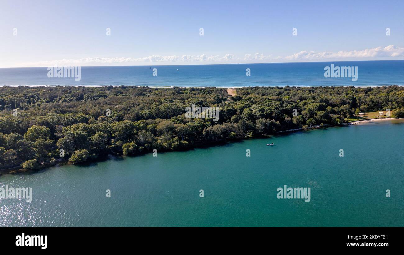 An aerial view of the seashore near Settlement Point, Port Macquarie ...