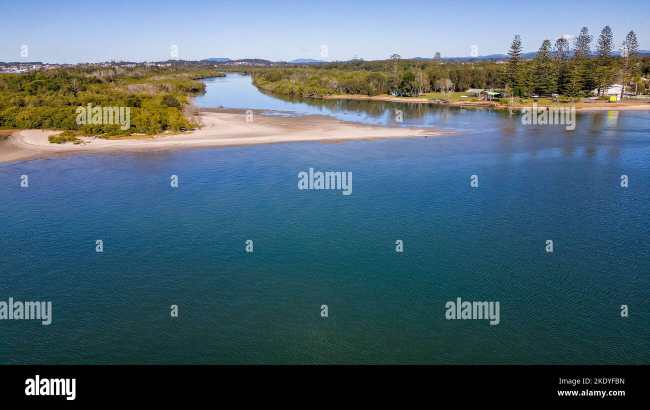 An aerial view of the seashore near Settlement Point, Port Macquarie ...