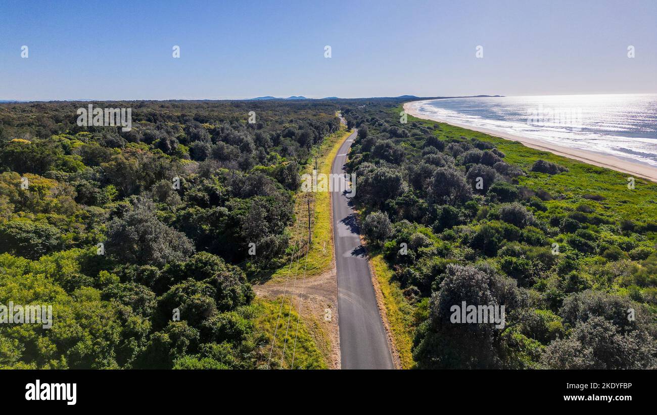 An aerial view of a road near the seashore near Settlement Point, Port ...
