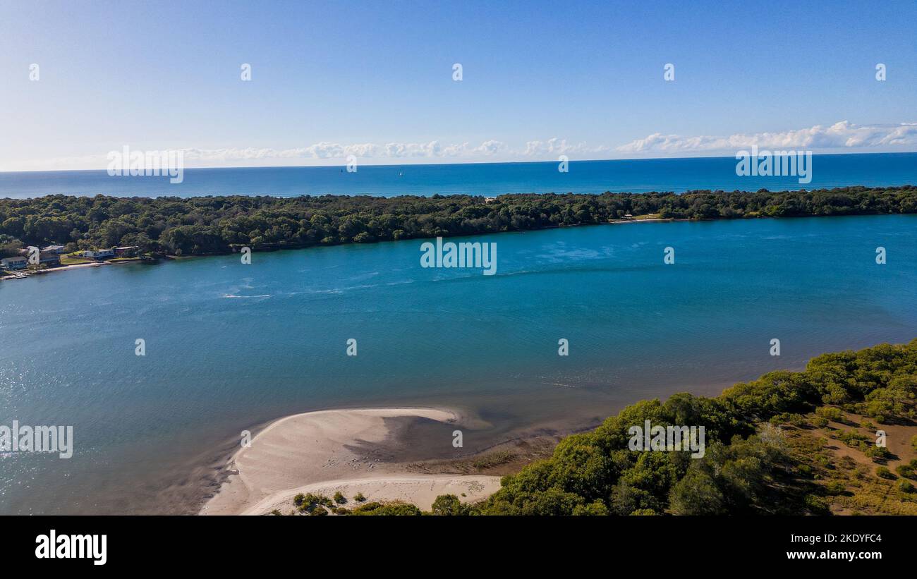An aerial view of the seashore near Settlement Point, Port Macquarie ...