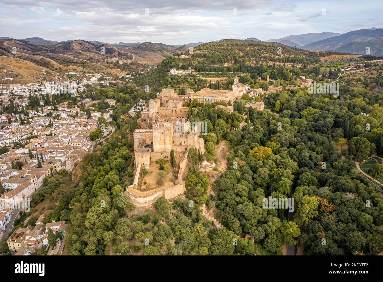 The drone aerial view of famous Alhambra de Granada, Andalusia, Spain ...
