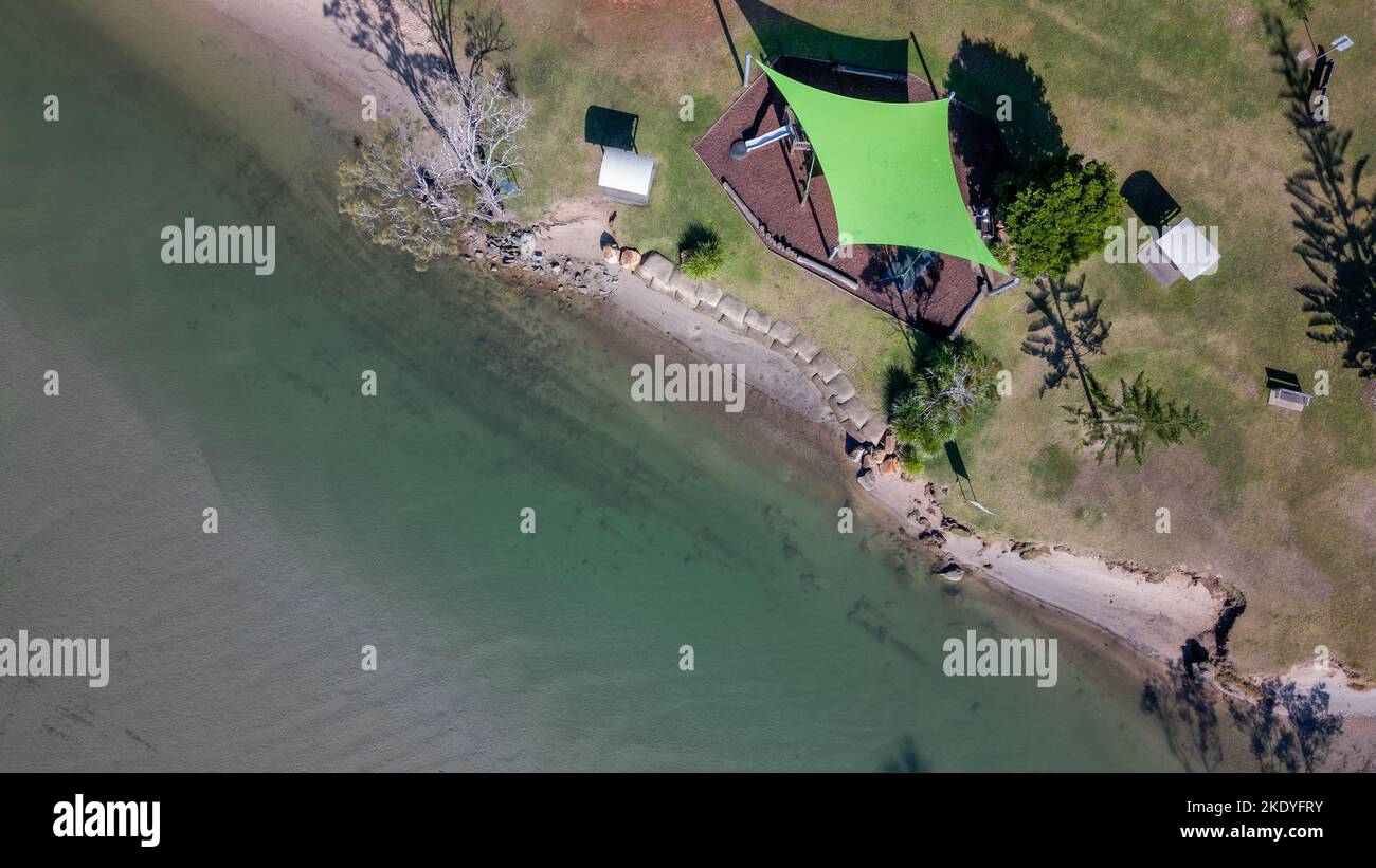 An aerial top view of the pier at Settlement Point, Port Macquarie, NSW ...