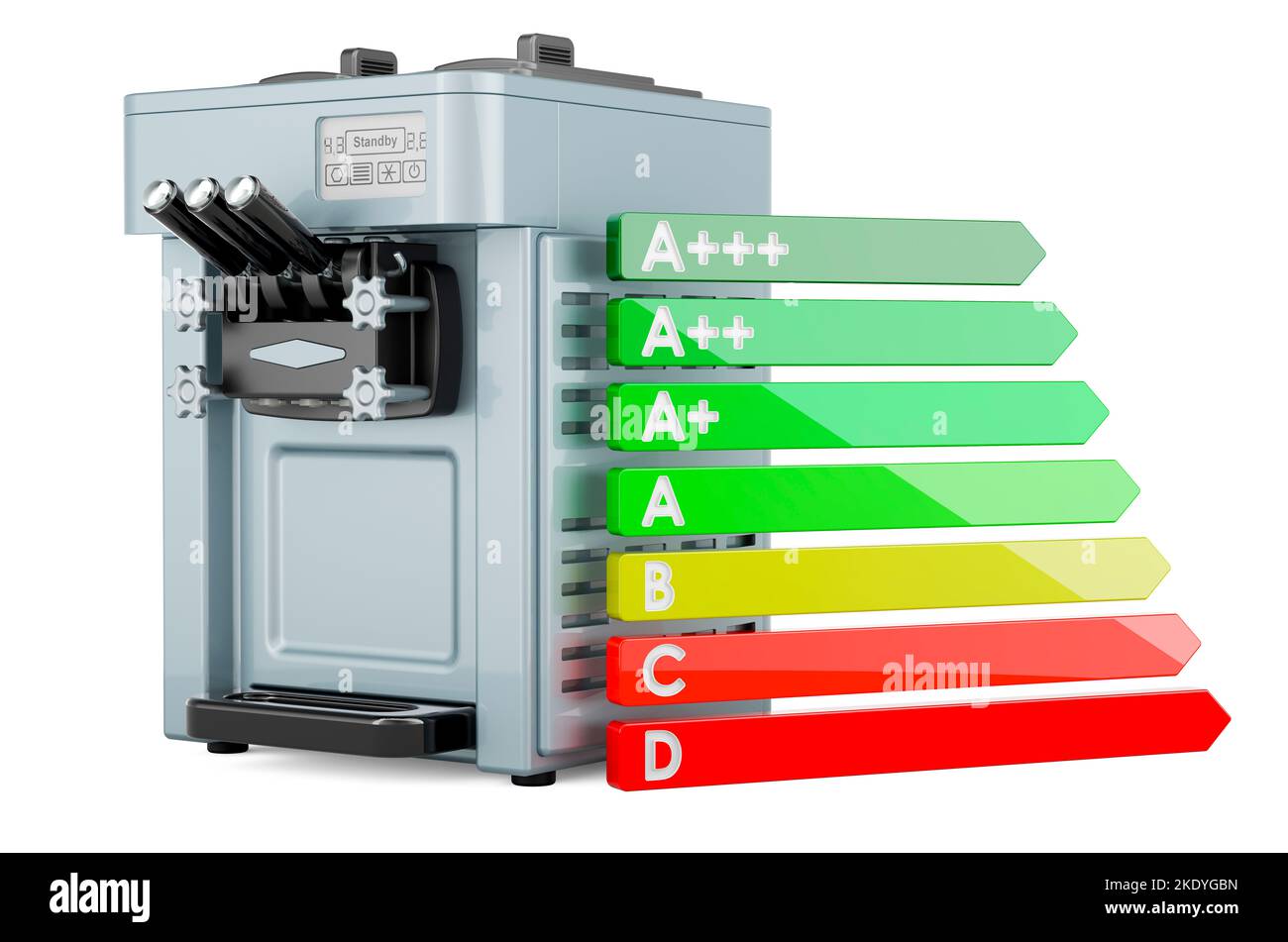 Commercial ice cream machine with energy efficiency chart, 3D rendering isolated on white ...