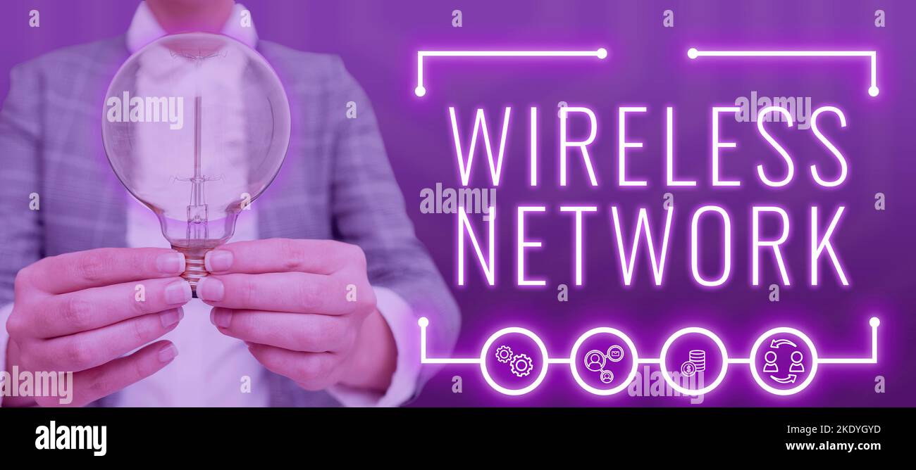 Sign displaying Wireless Network, Business overview computer network ...