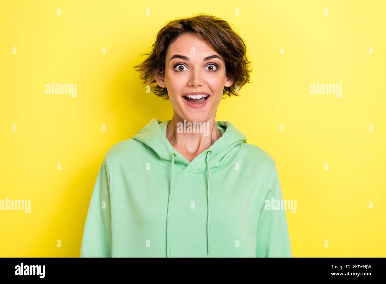 Close up photo of astonished adorable overjoyed lady impressed low ...