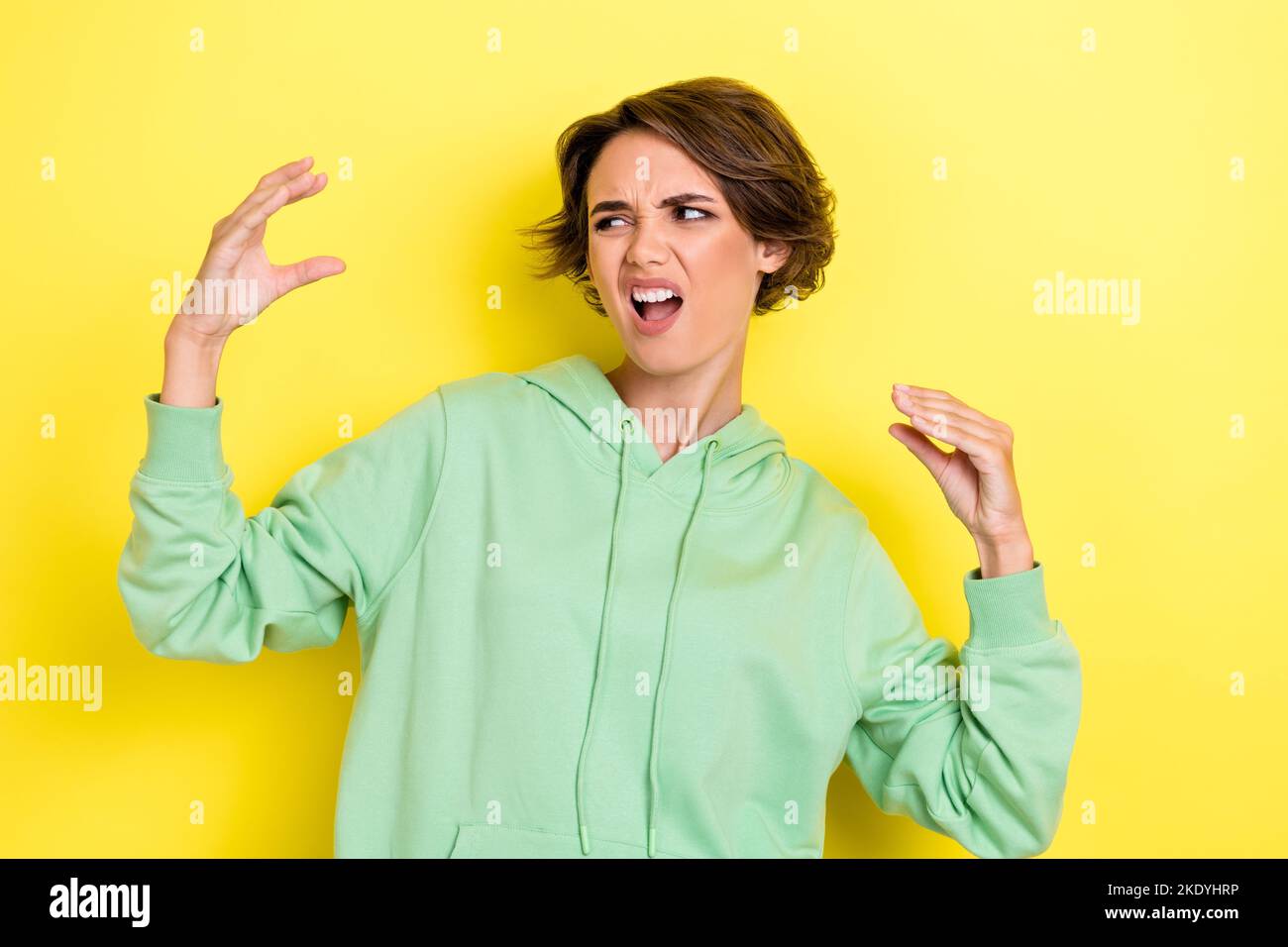 Photo portrait of charming young lady annoyed speak talking hands ...