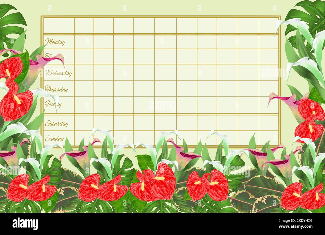 Timetable weekly schedule with blooming lilies Cala and anthurium, palm ...