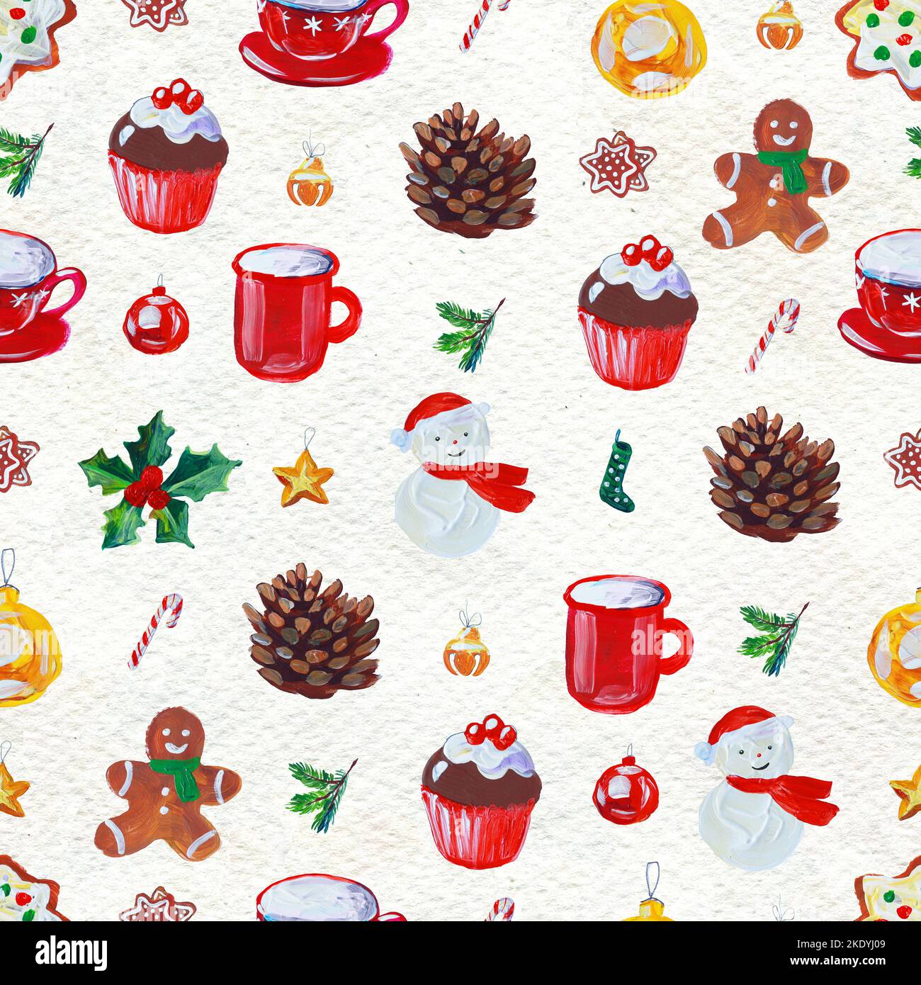 Watercolor Christmas seamless pattern. Hand painted holiday objects ...