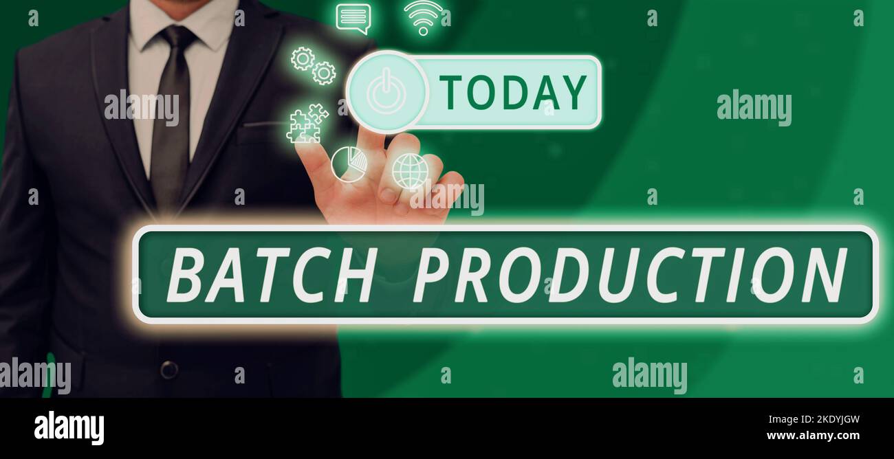 Text caption presenting Batch Production, Business concept products are ...