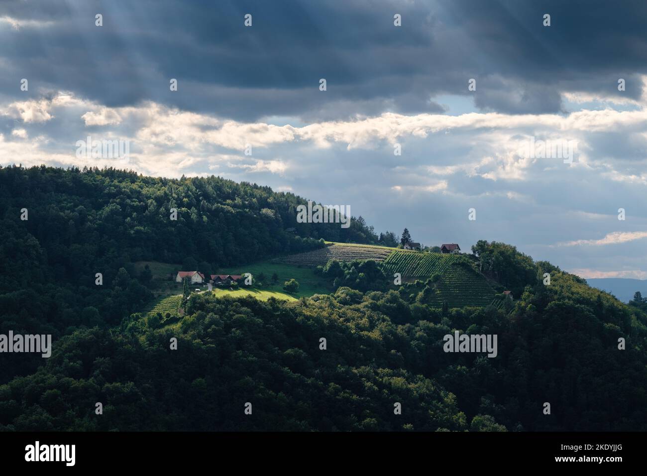 An aerial view of a cloudscape over a green landscape and houses in ...