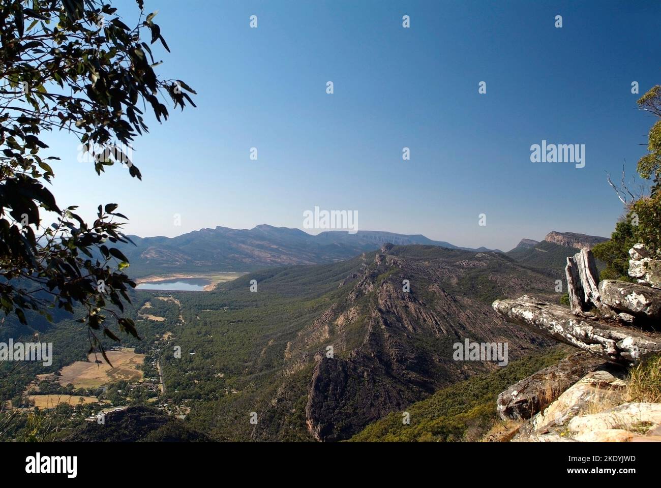 Australia, view from Boroka Lookout to Halls Gap and Lake Bellfield im ...