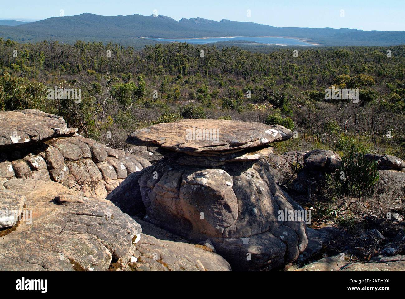 Australia, bizarre rock formation in Grampians National park with lake ...
